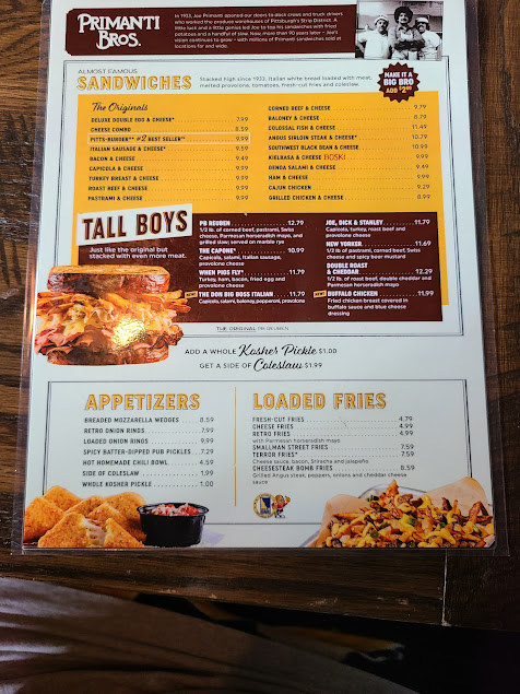 Primanti Bros. Restaurant and Bar Menu | Iconic Pittsburgh Sandwiches ...