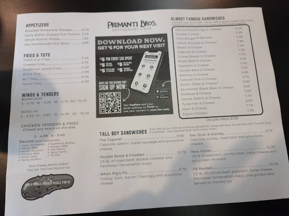 Primanti Bros. Restaurant and Bar Menu | Iconic Pittsburgh Sandwiches ...